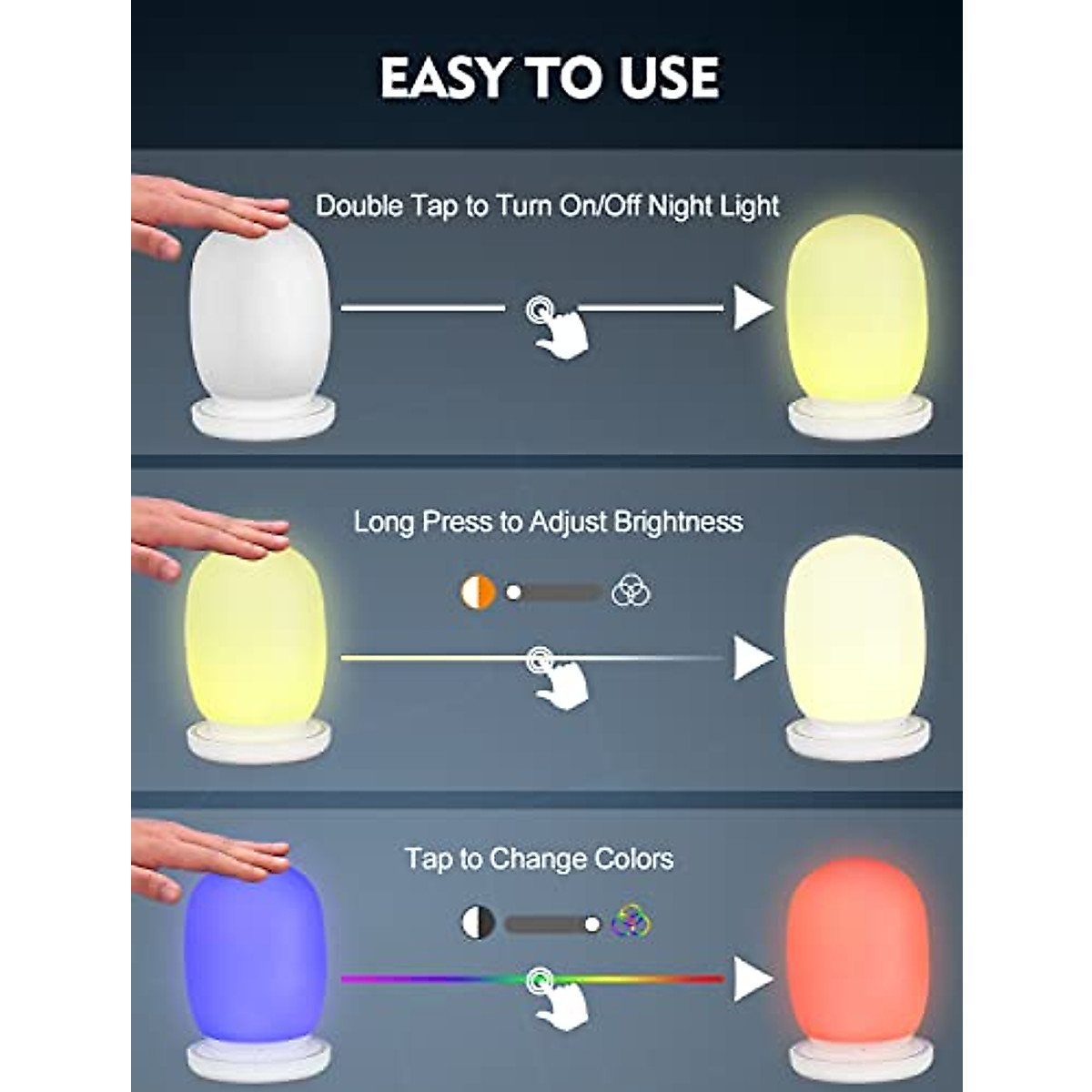 AMEXI Touch Lamp, Night Light Portable Table Sensor Control Bedside Lamps with Quick USB Charging Port, 3 Level Dimmable Warm White Light & 13 Color Changing RGB (Color-3)