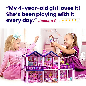 Dollhouse with 2 Princesses, 4 Unicorns, Dog, Furniture and Accessories - Pink and Purple Dream Doll House Toy for Little Girls - 5 Rooms w/Garden, Furniture and Accessories, Gift for Girls Ages 2-8