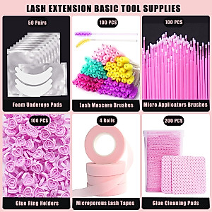 554 PCS Professional Lash Extension Supplies Kit with 50 Pairs Foam Lash Pads, 100 Lash Brushes,100 Micro Applicators, 100 Lash Glue Rings, 200 Glue Wipes, 4 Lash Tapes for Eyelash Extensions
