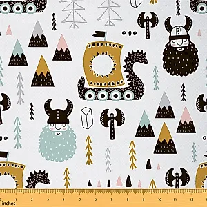 Scandinavian Fabric by The Yard, Cartoon Vikings Upholstery Fabric, Boho Animal Decorative Fabric, Nordic Cultural Historical Elements Waterproof Fabric Upholstery and Home Accents, 2 Yards