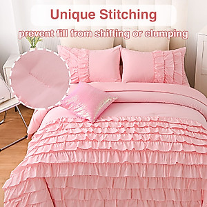A Nice Night Waterfall Flutter Ruffle Comforter Set,Ruffled Textured Soft Chic Princess 6pcs Bedding Set,with Bling Shiny Sequin Throw Pillow Case,Pink,Twin