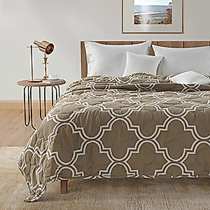 LANE LINEN Lightweight Microfiber Comforter Blanket for Bed - Twin Size Blanket – All-Season Reversible Soft Cozy Warm Anti-Static Anti-Wrinkle Premium Throw Blanket, 90”x68” – Trellis Taupe