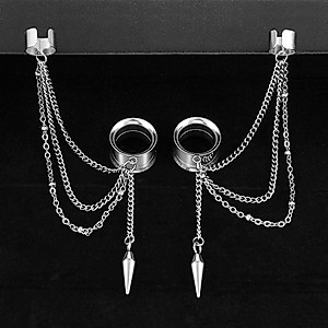 LADEMAYH 2PCS Ear Cuff Chains Plugs Tunnels Gauges Earrings Stainless Steel Non-Piercing Adjustable Cartilage Clip On Wrap Classy Tassel Dangle Taper Body Jewelry Silver 10mm=00g