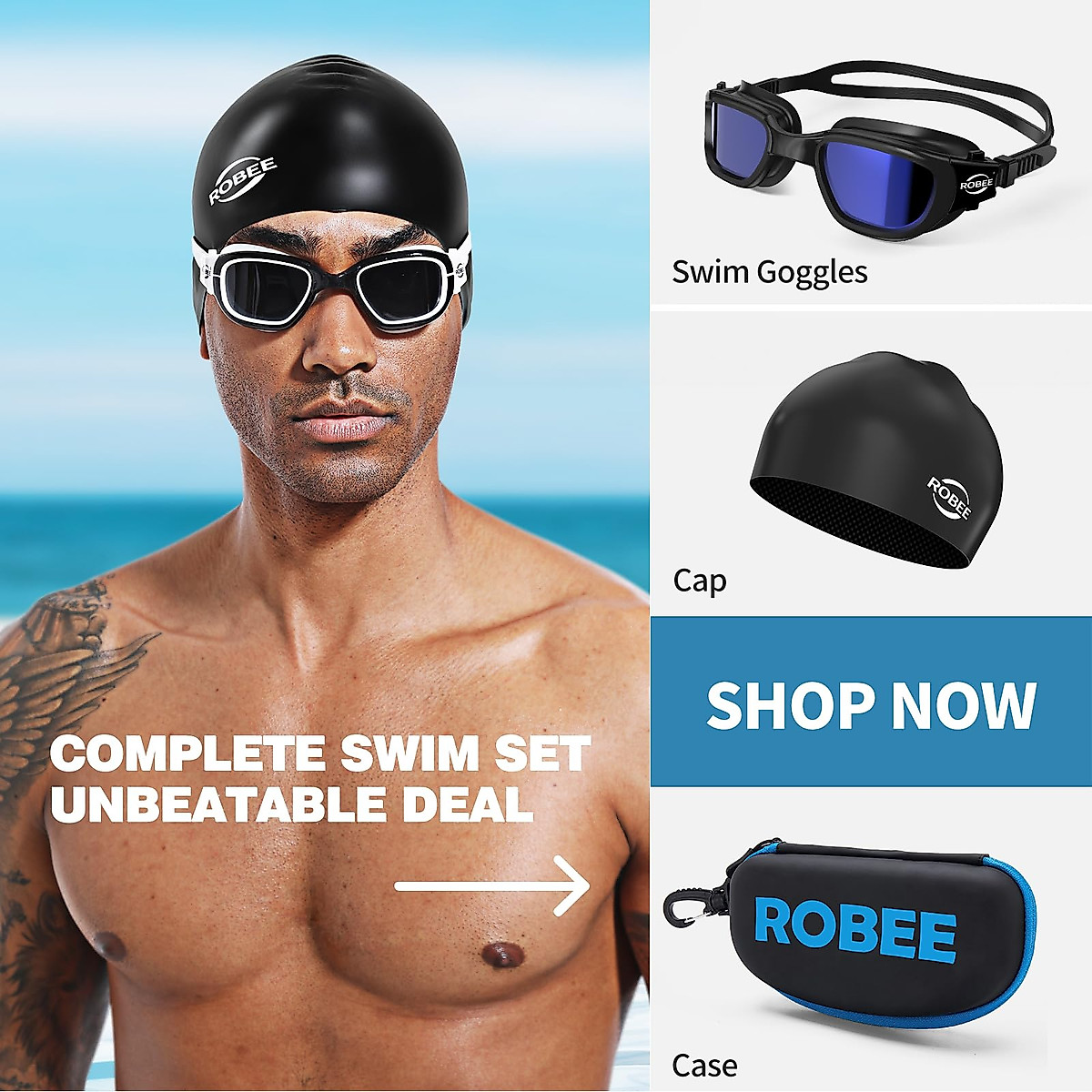 Robee Swim Goggles Silicone Swimming Cap and Carrying Case, Polarized Pool Goggles for Adult Men Women Youth