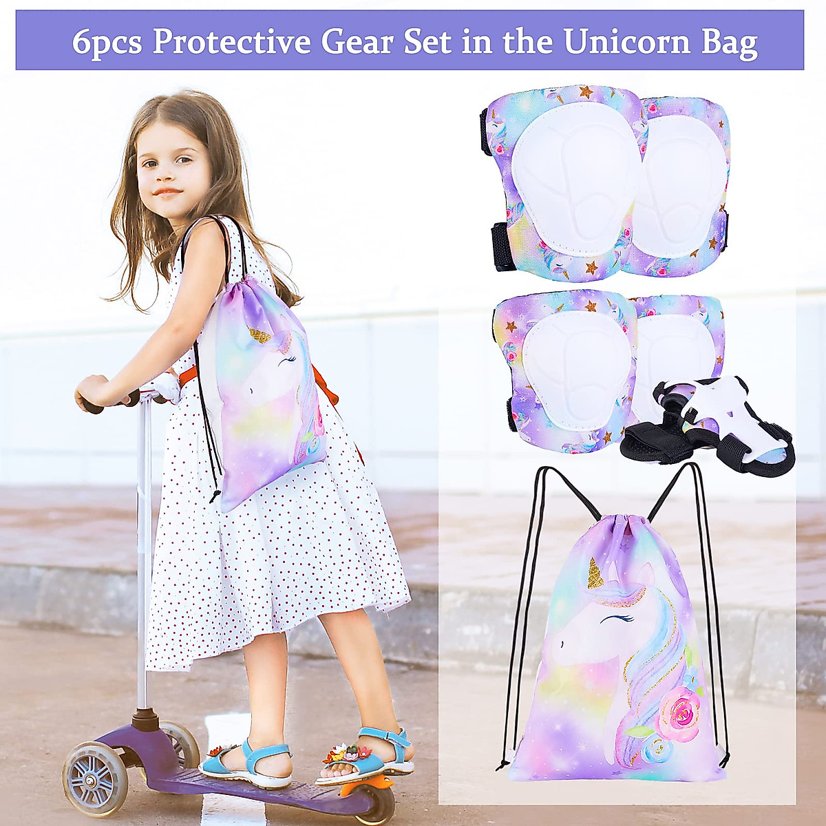 Bienbee Knee Pads for Kids, 7pcs Unicorn Kids Knee Pads and Elbow Pads Set Wrist Guards for Girls Boys Protective Gear Set with Bag for Roller Skating Inline Skates Skateboard Cycling Yellow Pink