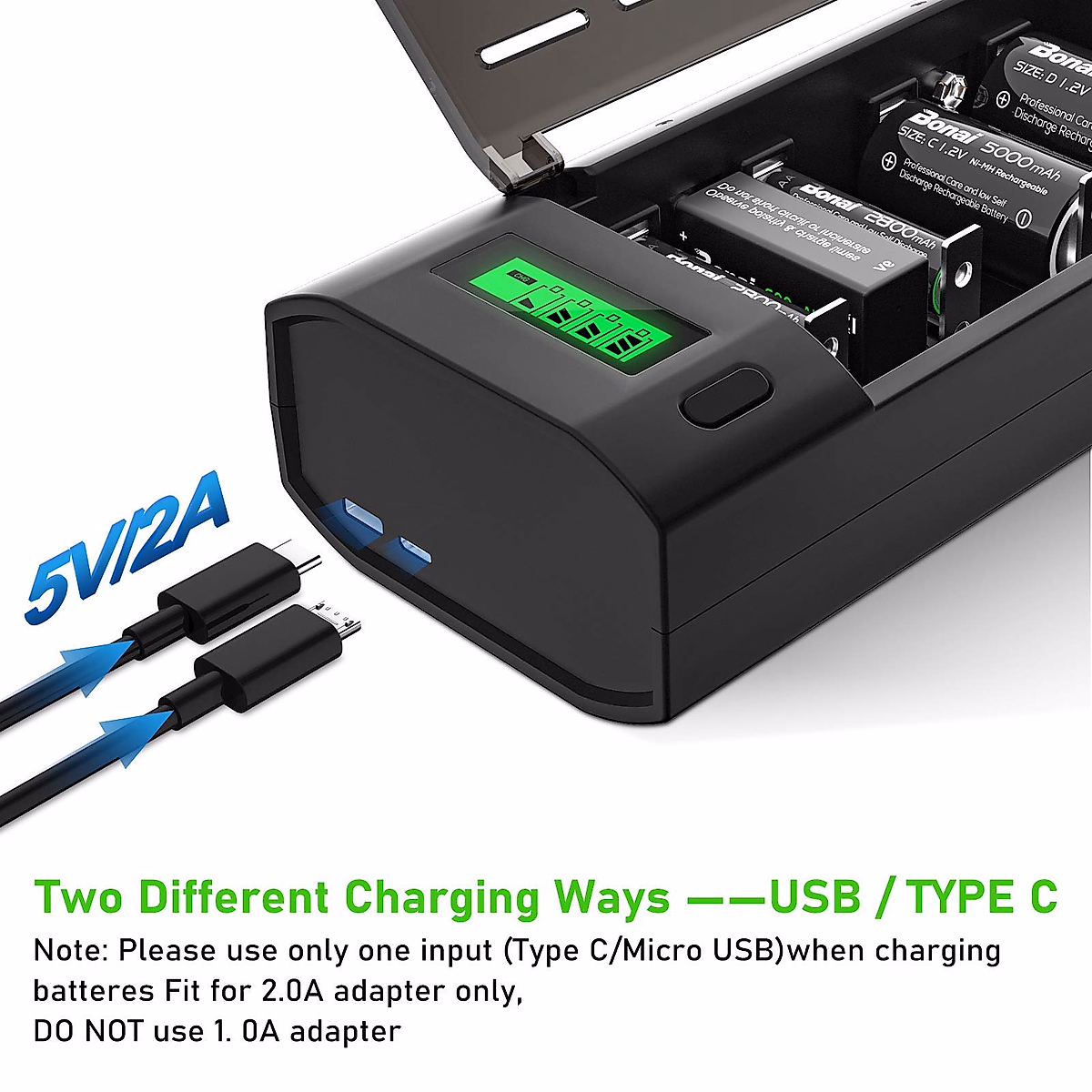 BONAI LCD Universal Battery Charger for AA, AAA, C, D, 9V Ni-MH Ni-CD Rechargeable Batteries with Rechargeable D Cells 10,000mAh 1.2V Ni-MH High Capacity High Rate D Size Battery (4-Counts)