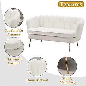 NNOOTK Boucle Teddy Fabric Small Loveseat Sofa with Gold Metal Legs, 59” Modern 2 Seater Sofa with Flower Backrest, Couch for Living Room Bedroom Office (Ivory White)