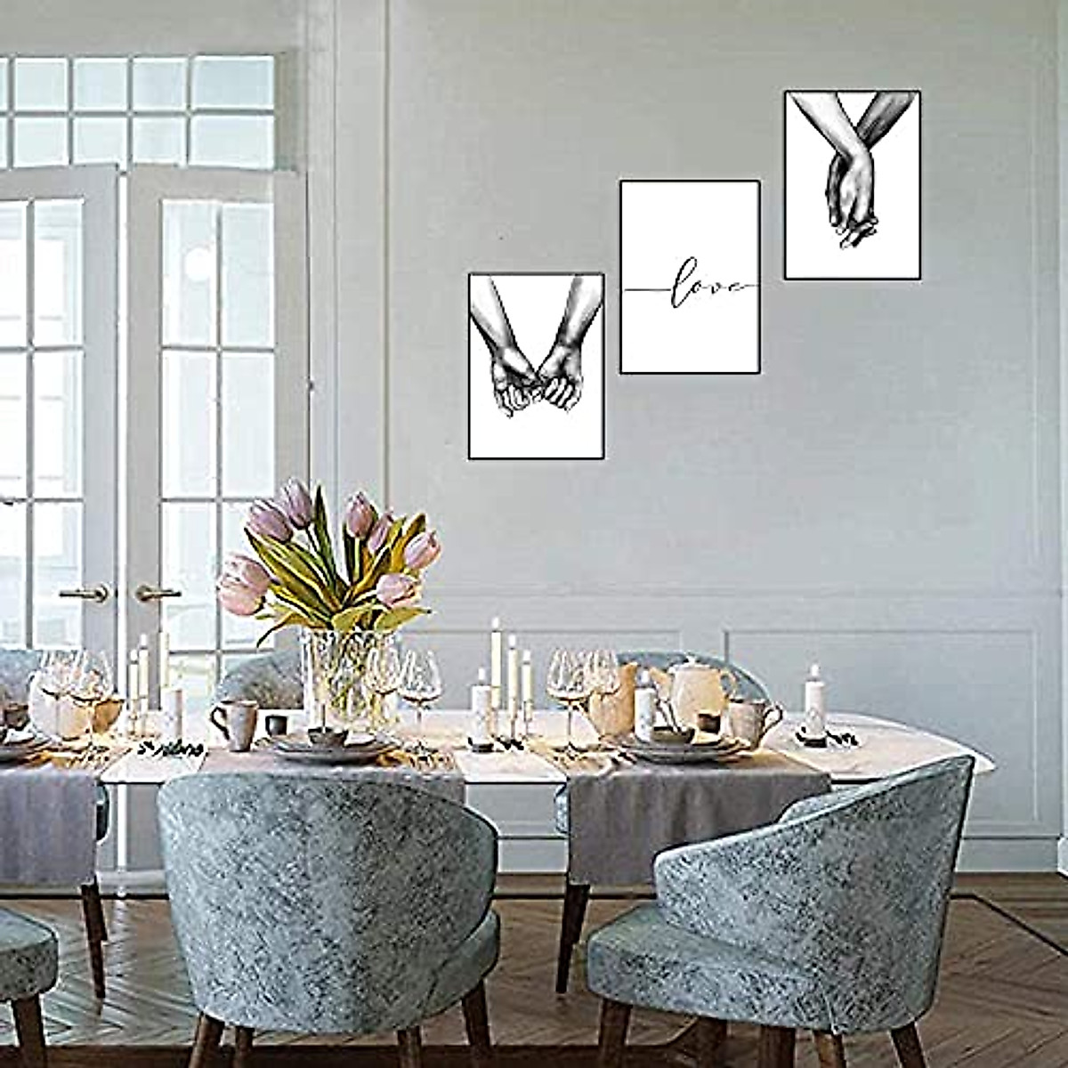 16"x20" Love and Hand in Hand Wall Art Canvas Print Poster,Simple Fashion Black and White Couples Love Hands Sketch Art Line Drawing Decor for Home Living Room Bedroom Office(Set of 3 Unframed)