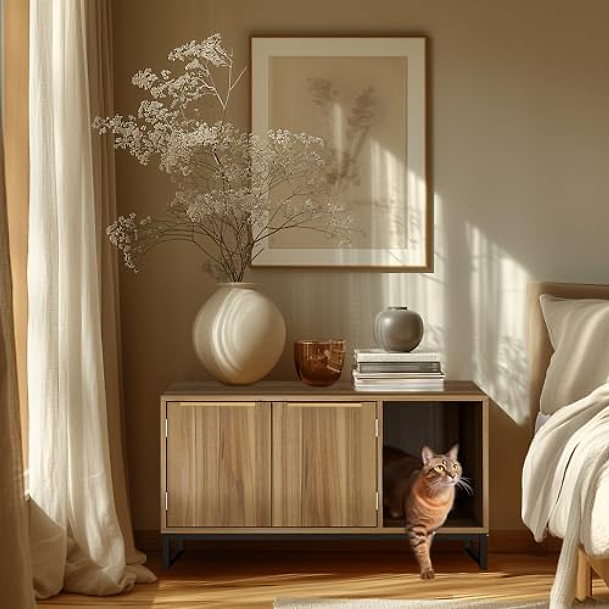 FerniTry Cat Large Litter Box Enclosure Furniture, Hidden Cat Litter Box Furniture, Kitty Litter Box Cabinet Cat Washroom Indoor Cat House as Side Table