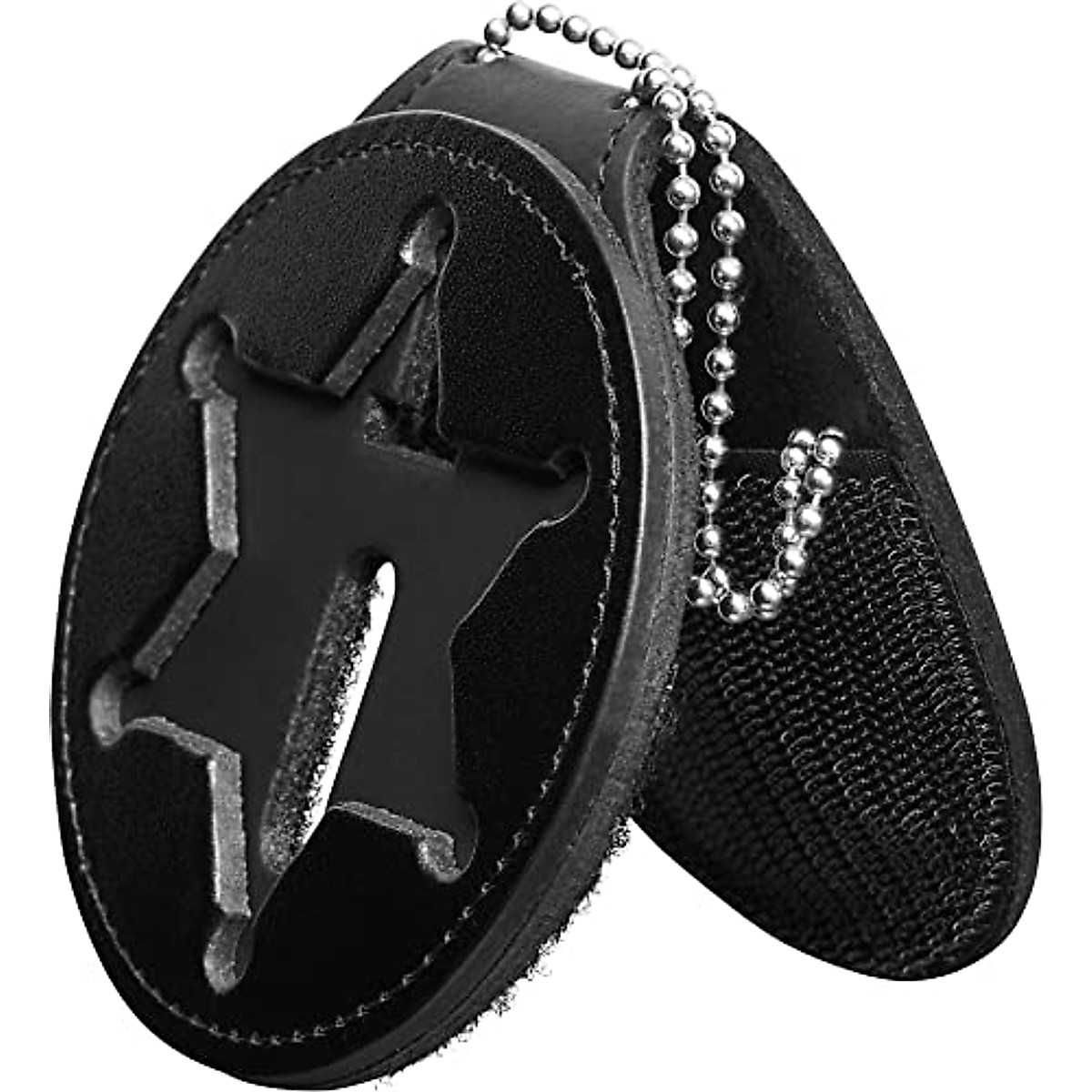 Perfect Fit Sheriff Star Badge Holder Belt Badge Clip and Neck Chain Black Leather (Cutout 199)