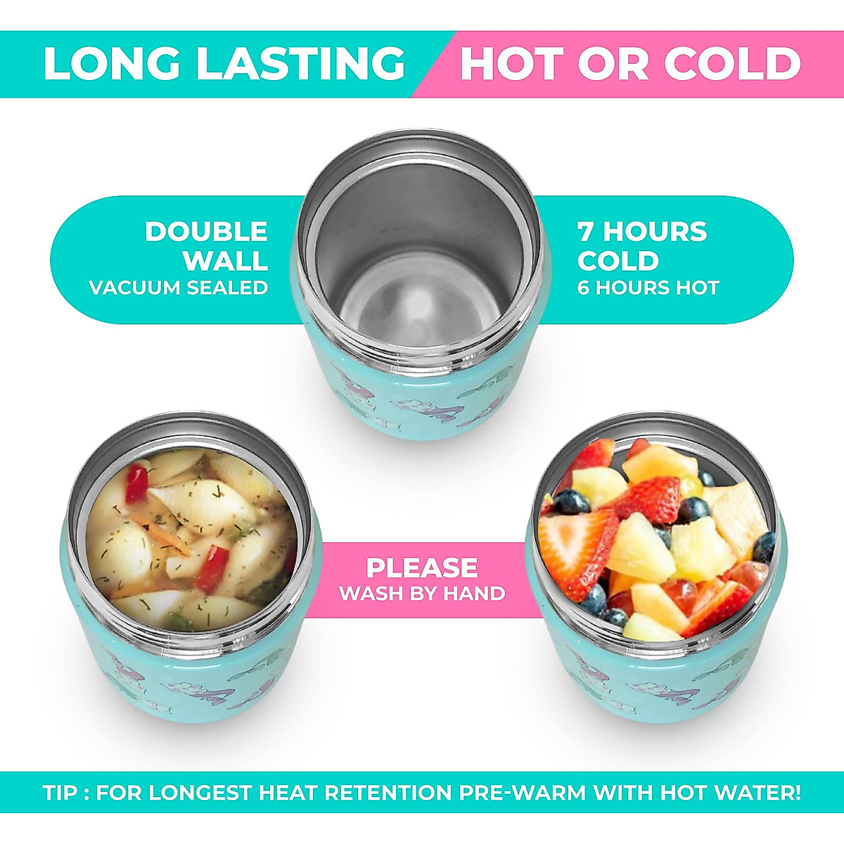 Kids Thermo for Hot Food Soup Lunch, Insulated Stainless Steel Wide Mouth Jar, Container for Toddler Girls Day-care Pre-School, Leakproof Easy Grip Thermal Vacuum Seal 10 oz 300 ML, Mermaid Cat Aqua