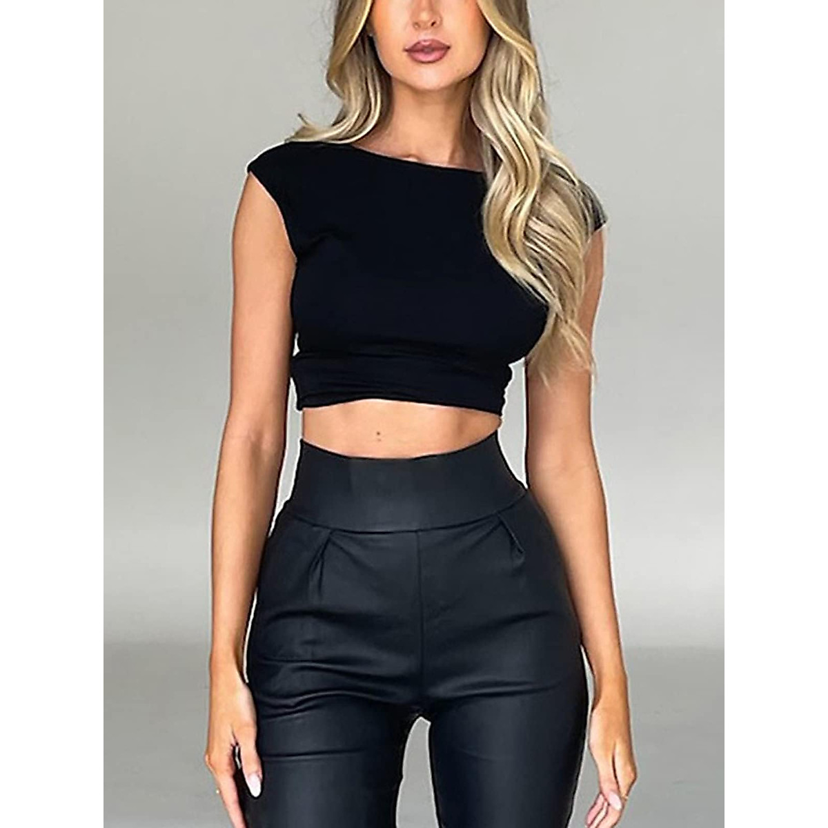 LovelyWholesale Women's Sexy 2 in1 Cut Out Crop Top Cap Sleeve Slim Fit T Shirts Black Medium