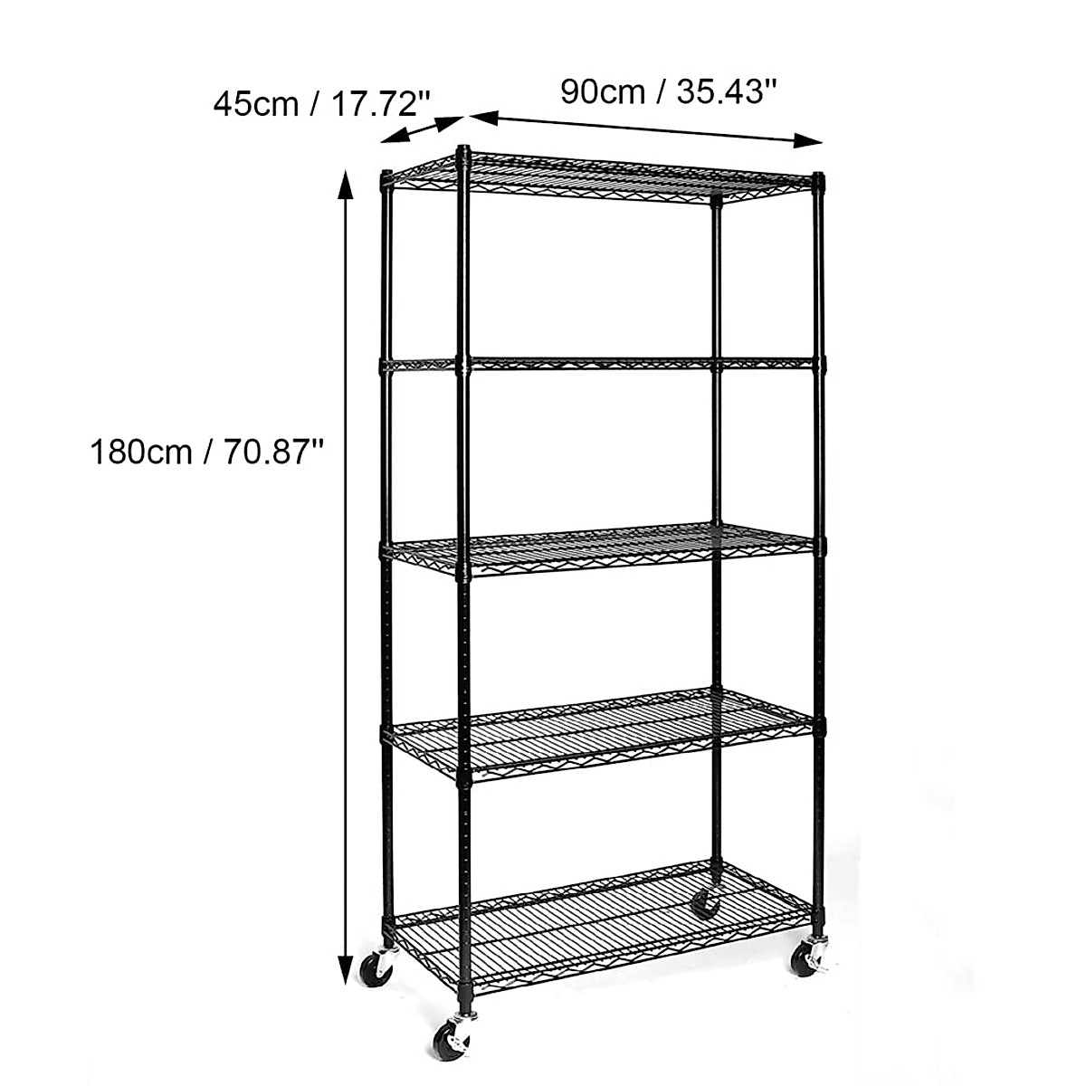 Karl home Heavy Duty 5-Tier Storage Shelving with Wheels, Adjustable Metal Shelves Wire Storage Rack for Garage Kitchen Basement,1100lbs Capacity 35.43" L X 17.72" W X 70.87" H, Black