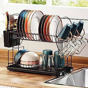 iSPECLE Dish Drying Rack - 2 Tier Small Dish Racks for Kitchen Counter with Glass Holder, Utensil Holder and Drainboard, Small Dish Dryer Rack, Multifunctional Dish Drainer, Black