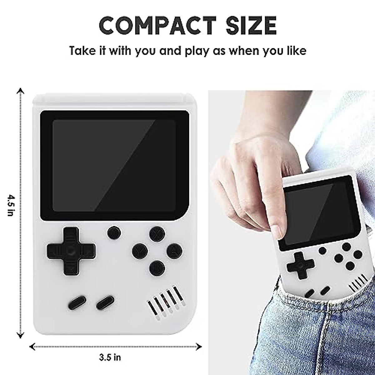Retro Handheld Game Console with 500 Classic FC Games, Portable Retro Video Game Console, 3-inch LCD Screen and Add-on Controller, Handheld Game Console Supports Connection to TV and Two Playe (White)