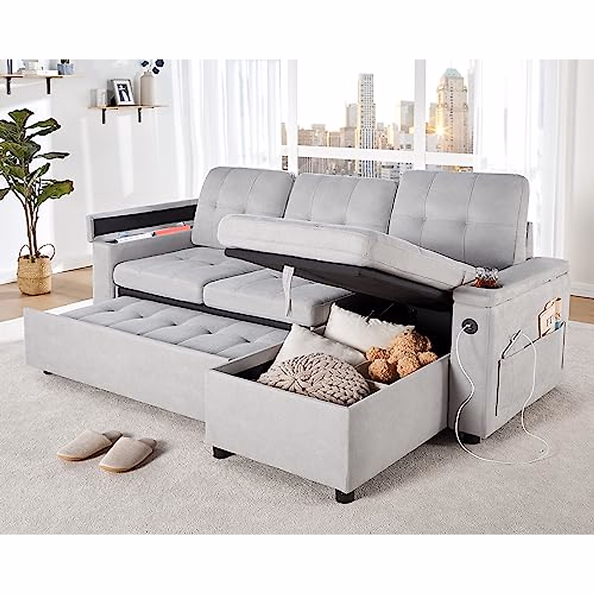 VanAcc Sleeper Sofa, Modern Tufted Convertible Sofa Bed, USB Charging Ports & Cup Holders, L Shaped Sofa Couch with Storage Chaise, Chenille Couches for Living Room (Light Grey)