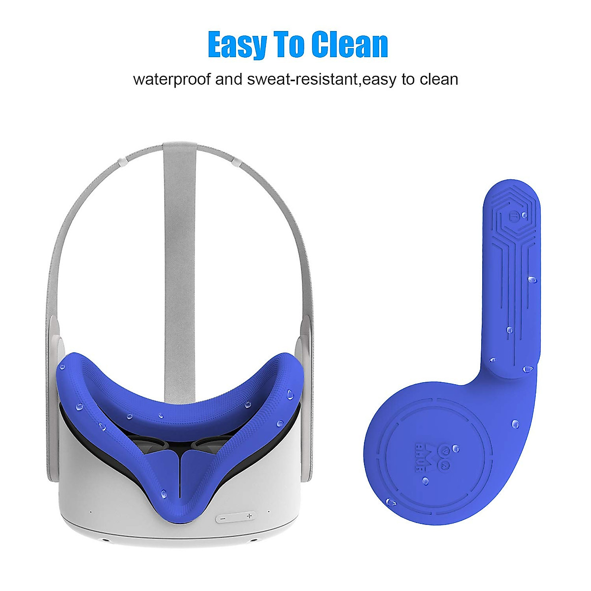 AMVR VR Silicone Face Cover & Ear Muffs for Oculus Quest 2 Headset, Sweatproof Waterproof Anti-Dirty Replacement Facial Cushion and Enhance Headset Sound Headphone Extension Cover (Blue, 1 Set)