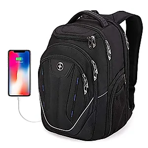 Swissdigital Terabyte TSA-Friendly Water-Resistant Large Backpack, Business Laptop Backpack for Men with USB Charging Port/RFID Protection Big School Bookbag Fits up to 15.6" Travel Laptop Backpack