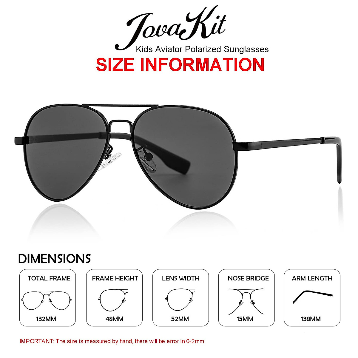 JOVAKIT Kids Small Polarized Aviator Sunglasses for Girls and Boys Age 4-16 (Black/Grey)