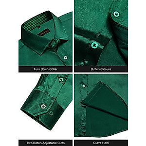 DiBanGu Mens Luxury Shiny Emerald Green Satin Dress Shirts Casual Long Sleeve Inner Contrast Paisley Shirts Wedding Party Prom Shirts