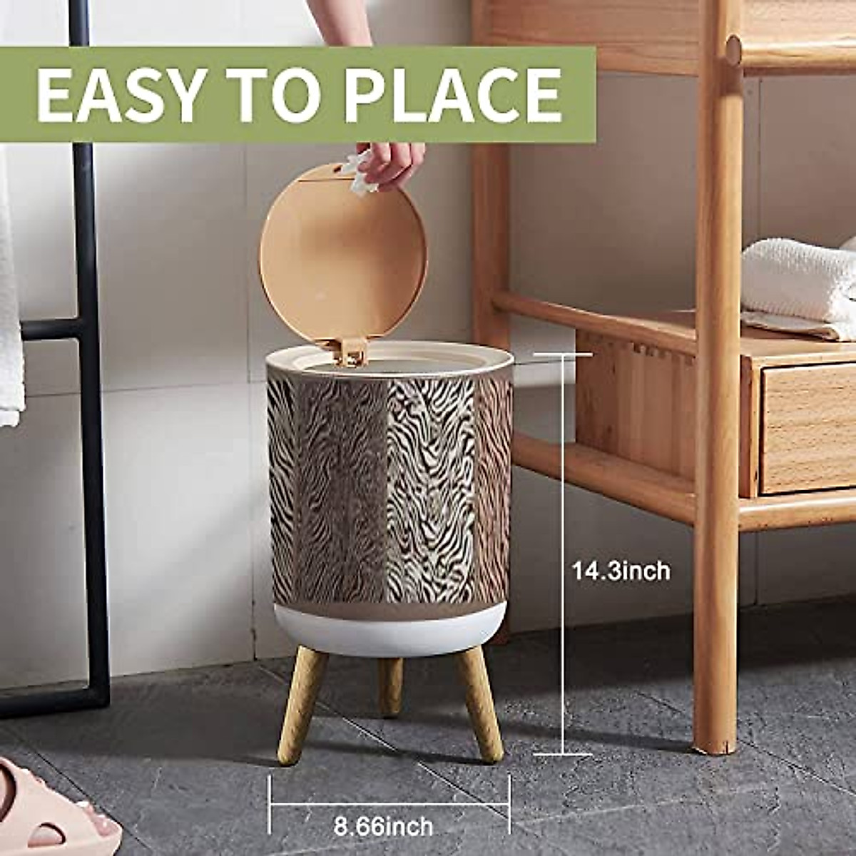 Small Trash Can with Lid Trendy Abstract Wavy Backgrounds Seamless Striped Patterns Diagonal Wood Legs Press Cover Garbage Bin Round Waste Bin Wastebasket for Kitchen Bathroom Office 7L/1.8 Gallon