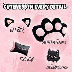 Vigosit Cute Gaming Chair with Cat Paw Lumbar Cushion and Cat Ears, Ergonomic Computer Chair with Footrest, Reclining PC Game Chair for Girl, Teen, Black Pink