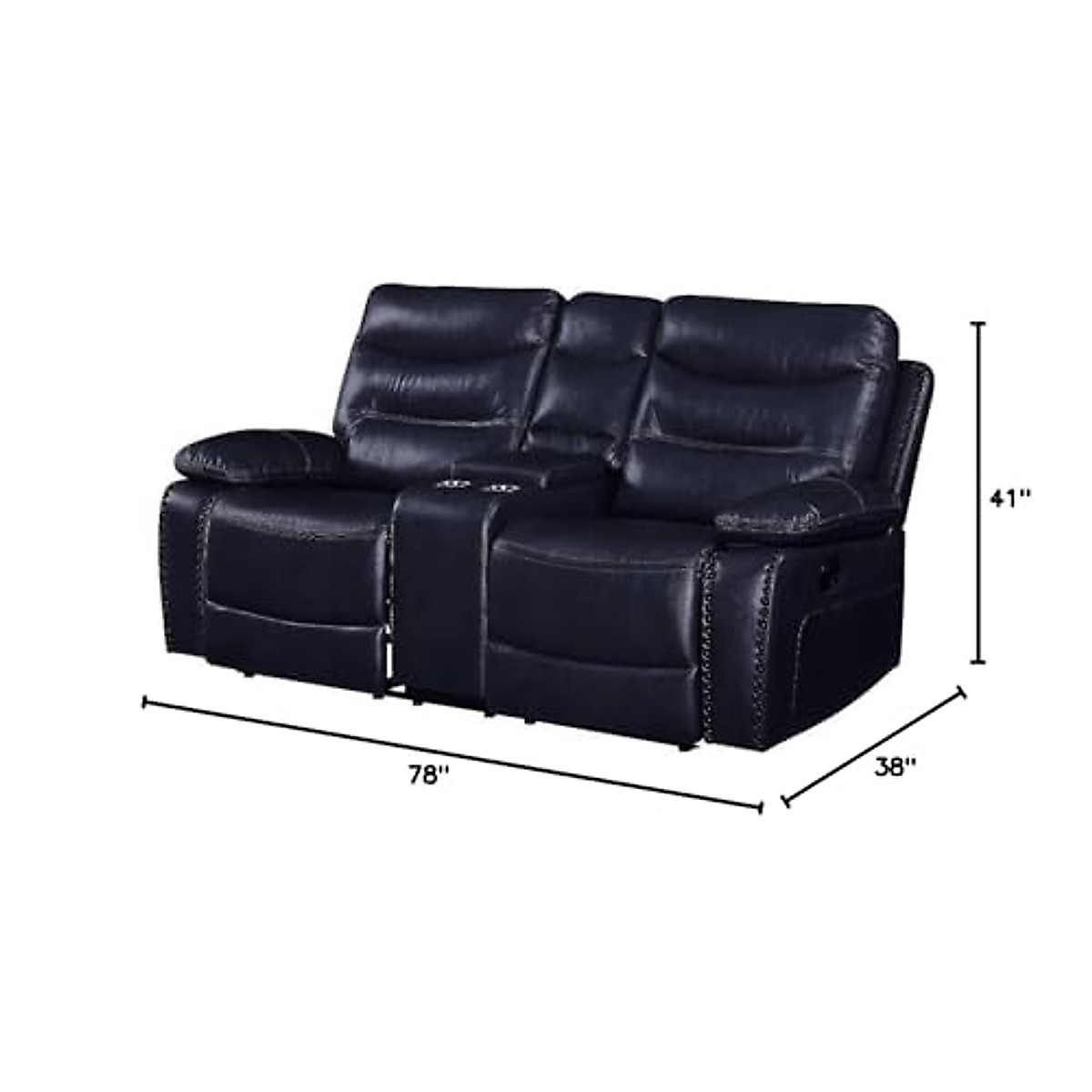 Acme Aashi Leather-Gel Tufted Motion Reclining Loveseat with Console in Navy