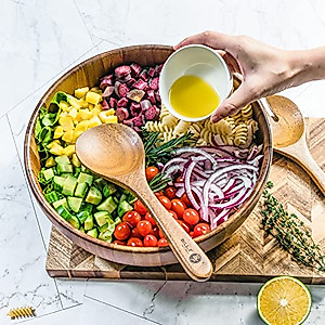 BILL.F Wooden Salad Bowl, 12'' Acacia Wood Salad Bowls Set Large Salad Mixing Bowl with Servers-3-Piece Big Salad Bowl Set