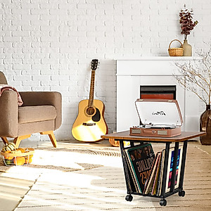 Hadulcet Record Player Stand Vinyl Records Holder, Turntable Stand and LP Album Storage Rack with wheels and dividers, Rustic Brown