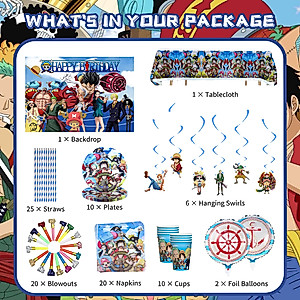 224Pcs Anmie Birthday Party Supplies, Anmie Birthday Party Decorations for 10 Guests, Include Banner, Cake & Cupcake Topper, Swirls, Backdrop, Tablewares, Balloons and Stickers for Kids Party Favors