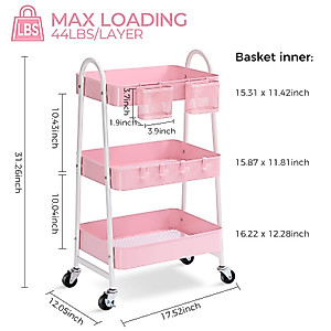 KINGRACK 3 Tier Utility Rolling Cart,Metal Rolling Storage Cart,Craft Art Cart with Handle and Locking Wheels & 2 Hanging Baskets 4 Hooks for Bathroom,Kids'Room,Classroom,Bedroom,Pink