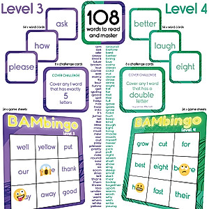 THE BAMBINO TREE Sight Word BAMBingo Levels 1, 2, 3 and 4 - Preschool Kindergarten 1st Grade 2nd Grade Sight Words