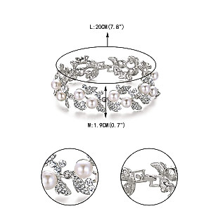 EVER FAITH Austrian Crystal Ivory Color Simulated Pearl Bridal Flower Leaf Bracelet Clear Silver-Tone