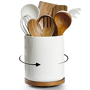 getstar Utensil Holder, 360° Rotating Large Kitchen Utensil Holder, Ceramic Cooking Utensil Holder for Kitchen Counter with Rotatable and Detachable Wooden Base
