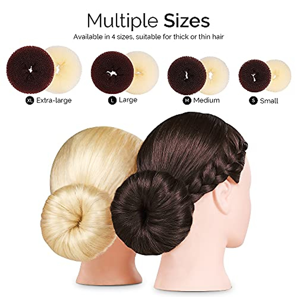 FANDAMEI Hair Donut Bun Makers Set - 4 Dark Brown & 4 Beige (2 Extra-Large, 2 Large, 2 Medium, 2 Small), 5 Elastic Bands, 20 Hair Pins