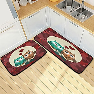 Cartoon Owls Couples Kitchen Rug Set of 2 Spring Mother's Day Floor Runner Mat Comfort Non Skid Bath Carpet Standing Mat Washable for Living Room Laundry Hallway Office Farmhouse