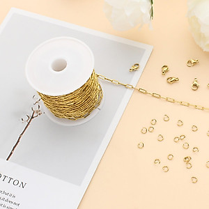 Kyutong 5M Gold Plated Necklace Chain for Jewelry Making 304 Stainless Steel Paperclip Chain Roll with Lobster Clasps and Jump Rings for Men Women Making Jewelry Craft Support Jewelry Findings