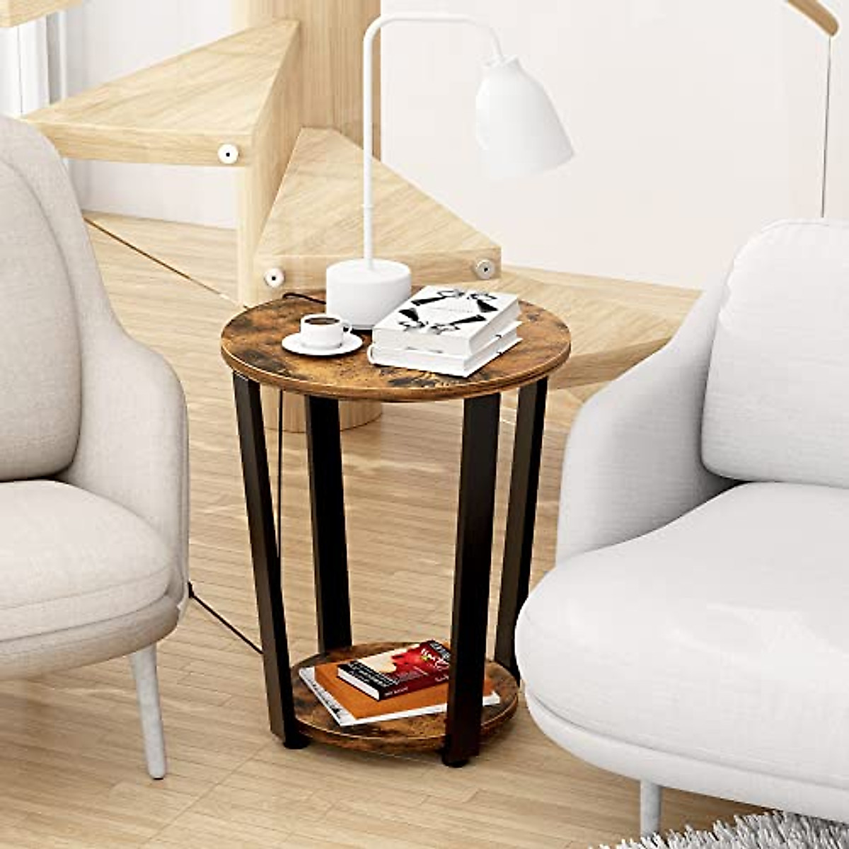 EKNITEY Wood Round End Table - 19.7" Dia. Side Table with Storage Small Table with Sturdy Metal Frame for Living Room Bedroom Couch Snack and Sofa 2-Tier