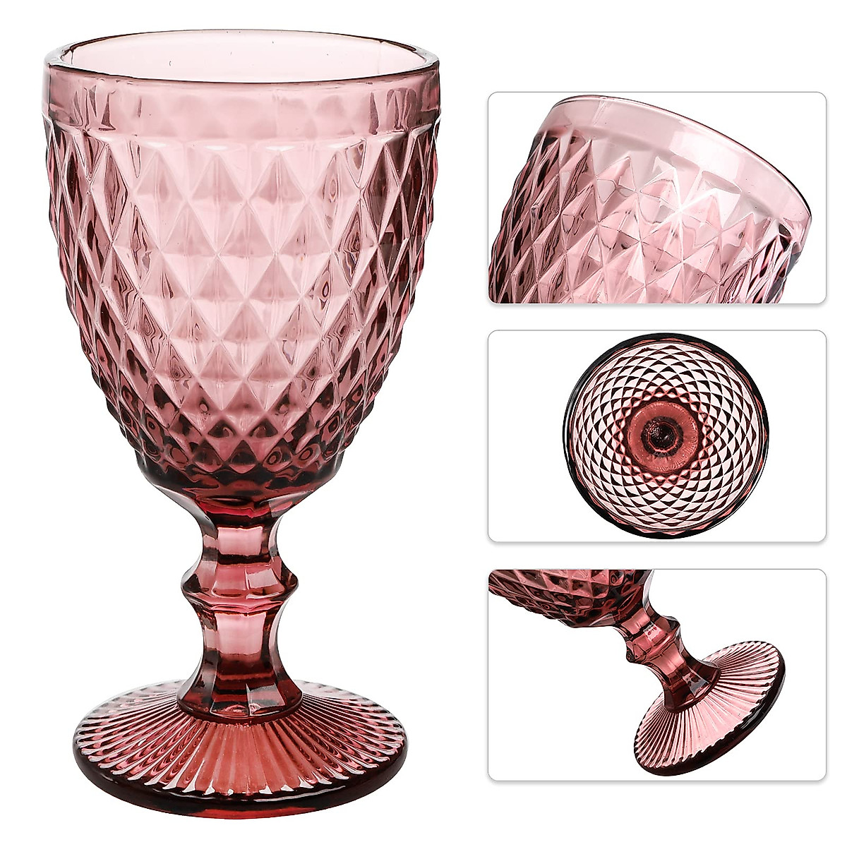 ZOOFOX Set of 6 Wine Glasses, 10 oz Colored Glass Goblet with Diamond Pattern, Embossed High Clear Glassware for Party and Wedding (Multi-Colors)