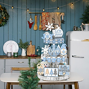 FairySandy 20 Pcs Tiered Tray Decor Snowflake Snowman Gnome Wooden Signs Winter Wonderland Table Centerpieces Rustic Farmhouse Tabletop Sign Decor for Party Home Christmas Holiday