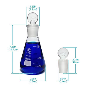 HUAOU Scientific 150ml Erlenmeyer Conical Flasks Set with Ground Glass Stoppers, Graduated 3.3 Borosilicate Glass, Pack of 3