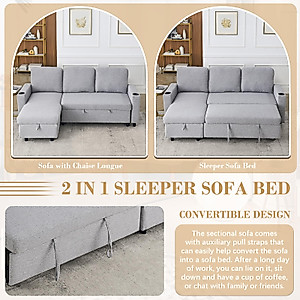 JEEOHEY 78.5" L Shape Couch Sofa,Linen Convertible Modular Sectional 3 Seater Couch w/Reversible Storage Chaise&Cup Holder,Sleeper Pull Out Sofa Bed for Living Room,Apartment,Small Place(Light Grey)