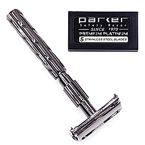 Parker 22R Gunmetal Finish Butterfly Open Double Edge Safet Razor for Men, 5 Parker Premium Platinum Double Edge Razor Blades Included