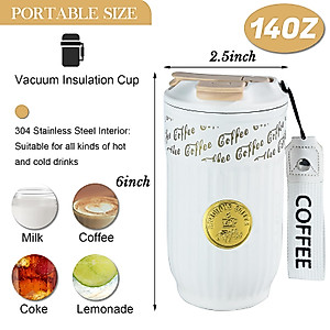 14oz Insulated Travel Tumblers with Lid and Straw, Travel Coffee Mug Stainless Steel Vacuum Thermos Cup, Leak Proof Reusable Cute Coffee Tumbler for Iced and Hot Drinks,White