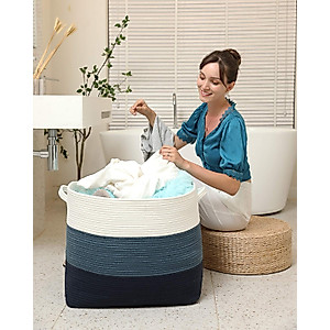 22"x14"x18" Mega Size Rectangular Extra Large Storage Basket, Rectangular Cotton Rope Storage Baskets, Woven Laundry Hamper, Cloth Storage Bin, for Clothes Blanket in Living Room, Dark Blue/Deep Blue