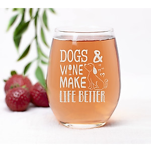 NeeNoNex Funny Gift for Dog Mom Dad Dogs & Wine Make Life Better Stemless Wine Glass - Dog Lover Gift