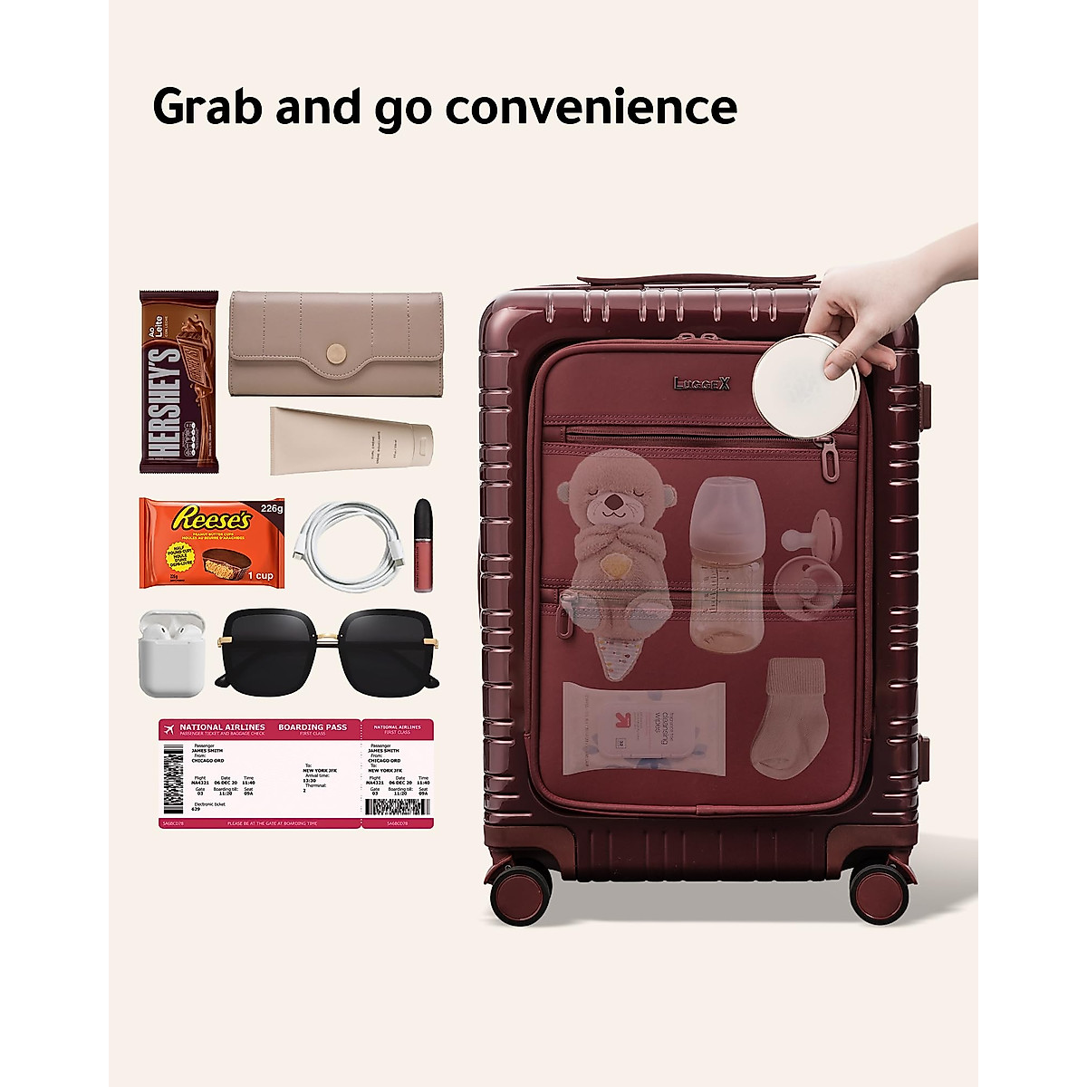 LUGGEX Carry On Luggage with Front Pocket, PC Hard Shell Suitcase with Spinner Wheels, Soft Front Flap with Multiple Pockets (Red, 21 Inch, 38L)