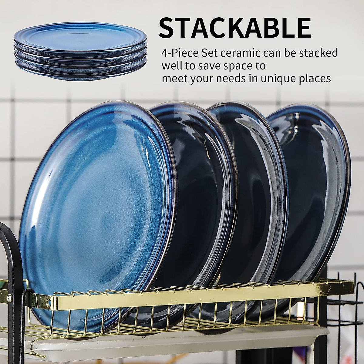 Hasense Ceramic Dinner Plates Set of 4,10 Inch Large Porcelain Pasta and Salad Plates,Blue Stoneware Plate Set Microwave,Oven,and Dishwasher Safe