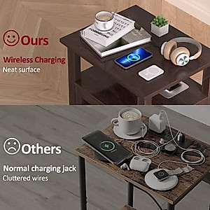 HIFYOBRO End Table with Wireless Charging Station Set of 2, Nightstand Set of 2, Side Table with Adjustable Storage Shelf for Bedroom, Living Room