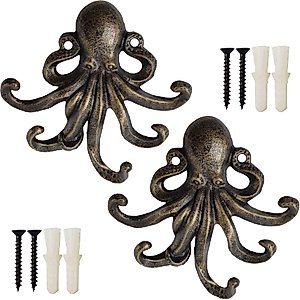 RONYOUNG 2PCS Heavy Duty Decorative Octopus Hook- Wall Mounted Coat Hooks/Solid Cast Iron Unique Key Holders/Home Decor (Green Bronze)